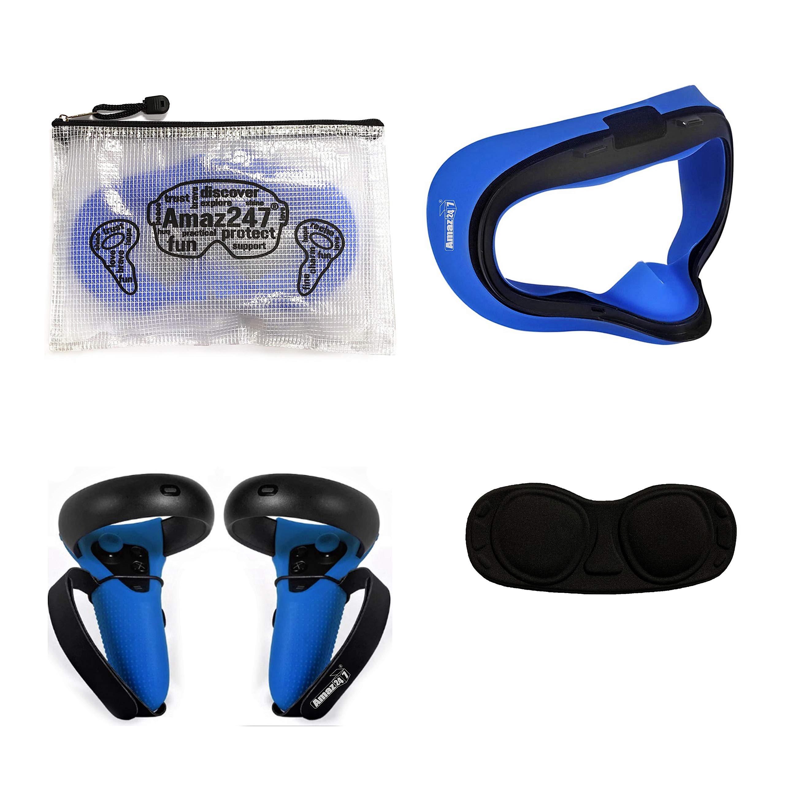 Amaz247 Silicone Anti-Leakage Face Cushion Mask, Protective Lens Cover, Controller Grip Cover with Handle Straps for Oculus Quest VR Headset (Blue), NOT FIT Oculus Quest 2