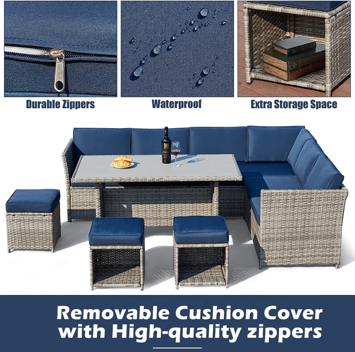 AVAWING 7 Pieces Patio Furniture Sets, Outdoor Dining Sectional Rattan Couch Sofa w/Ottoman Chairs, All-Weather Wicker Conversation Set for Lawn, Backyard, Garden, Poolside, Balcony, Blue