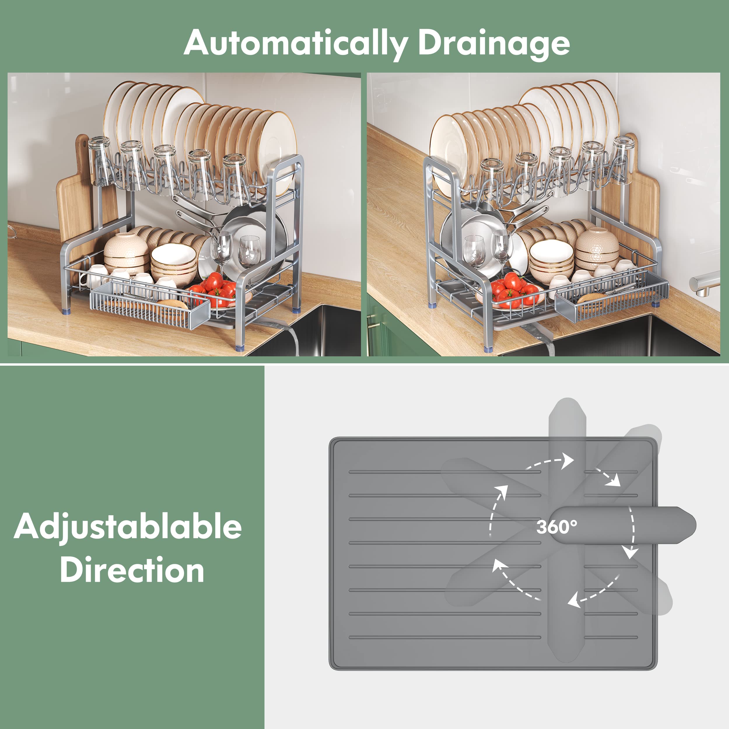 BOOSINY 2 Tier Dish Drying Rack and Drainboard Set, Large Stainless Steel Dish Drainers for Kitchen Counter, Dish Strainer Shelf with Cup-Holder (Grey)