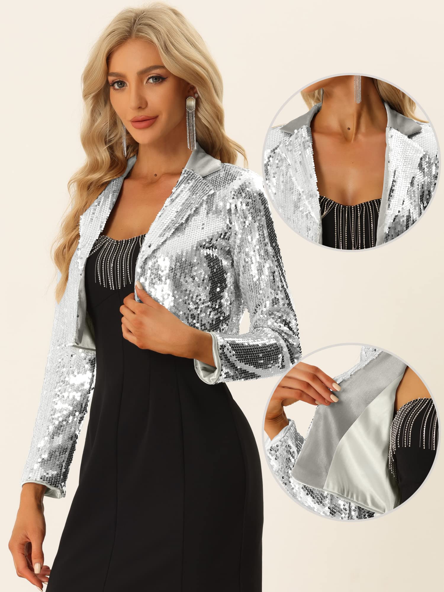Allegra K Open Front Cardigan for Women's Notched Lapel Cropped Party Club Sparkly Sequin Blazer Large Silver