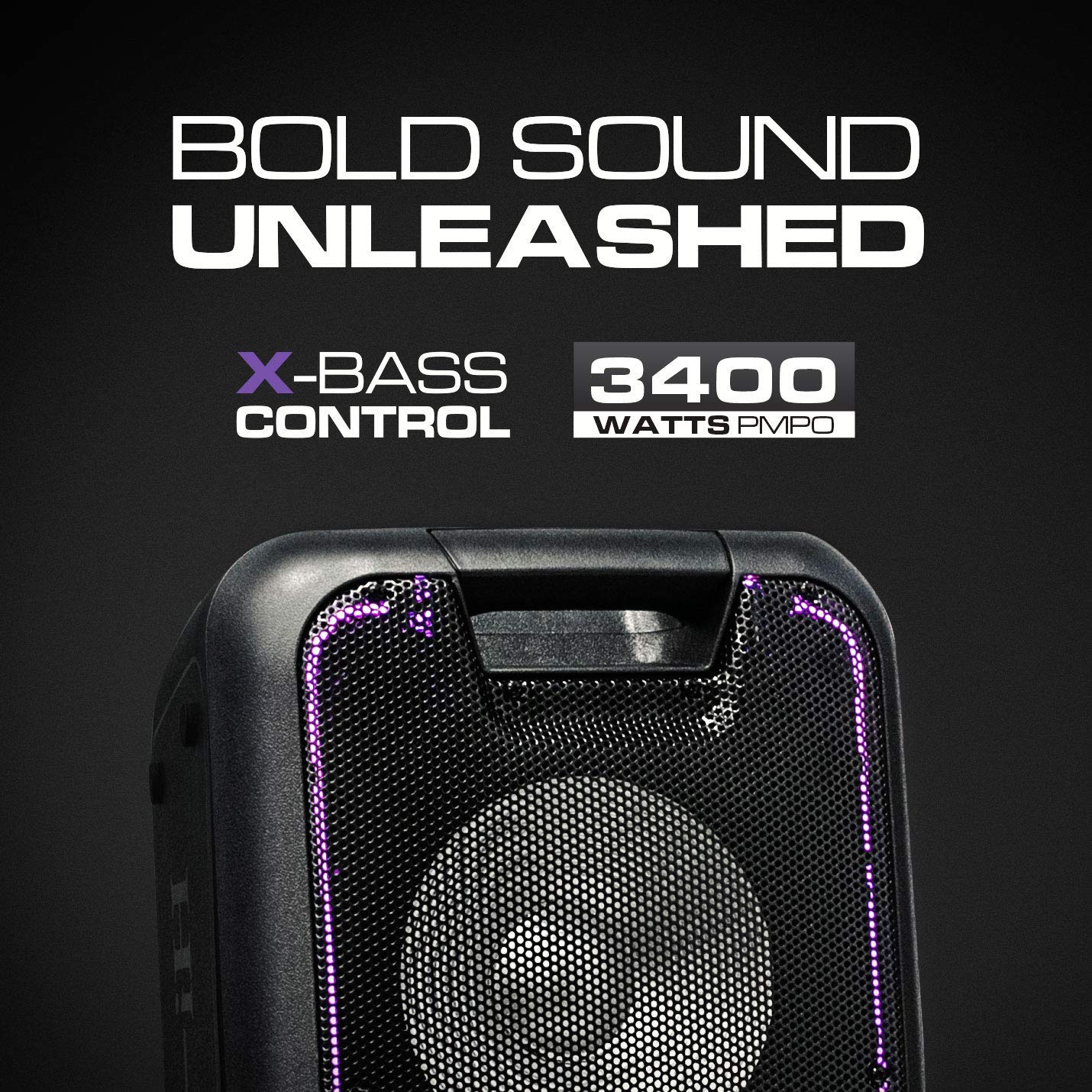 Dolphin SP-210RBT Dual 10" Bluetooth Party Speaker, Neon LED Lights, 3400W, Long-Lasting Battery, X-Bass, Trolley & Wheels