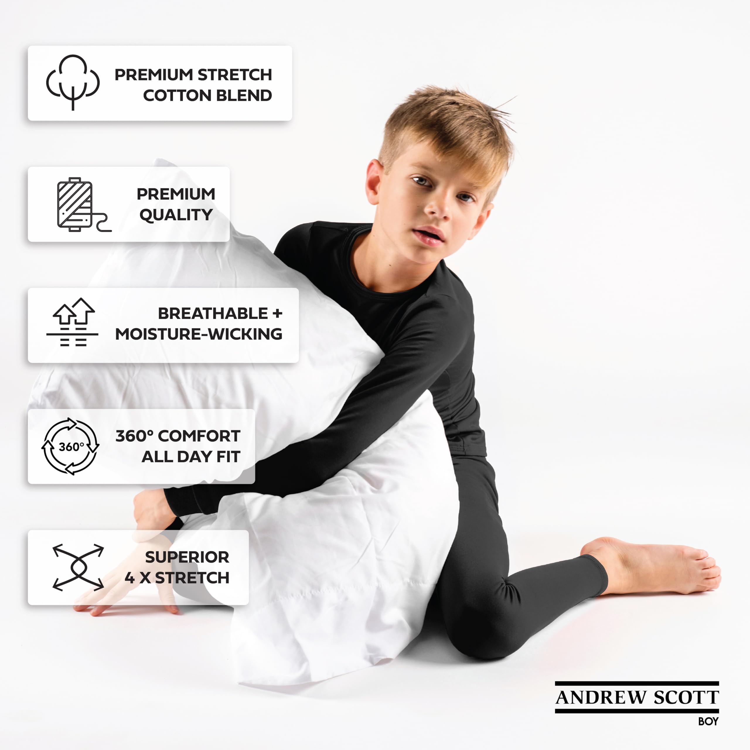 Andrew Scott Boys Long John Ultra-Soft Cotton Stretch Base Layer Underwear Sets / 3 Long Sleeve Tops + 3 Long Pants - 6 Piece Mix & Match (3 Sets / 6 Pc -WHITE, 4)