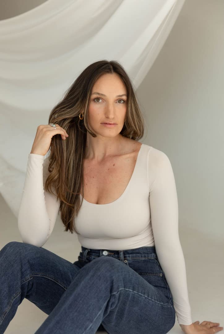 Almere Long Sleeve Top for Women, Contour Double-Lined Seamless Smooth Fabric Sleeved Basic Top, Low Neck Cut, Medium, Cream
