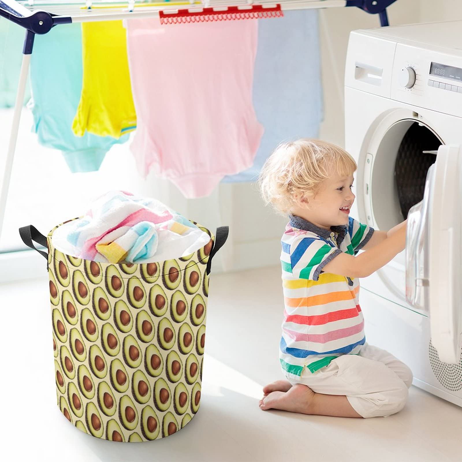 Avocado Laundry Basket Round Collapsible Storage Bin with Drawstring and Handle for Bedroom Bathroom Toys Room 17.3" X 13.8"