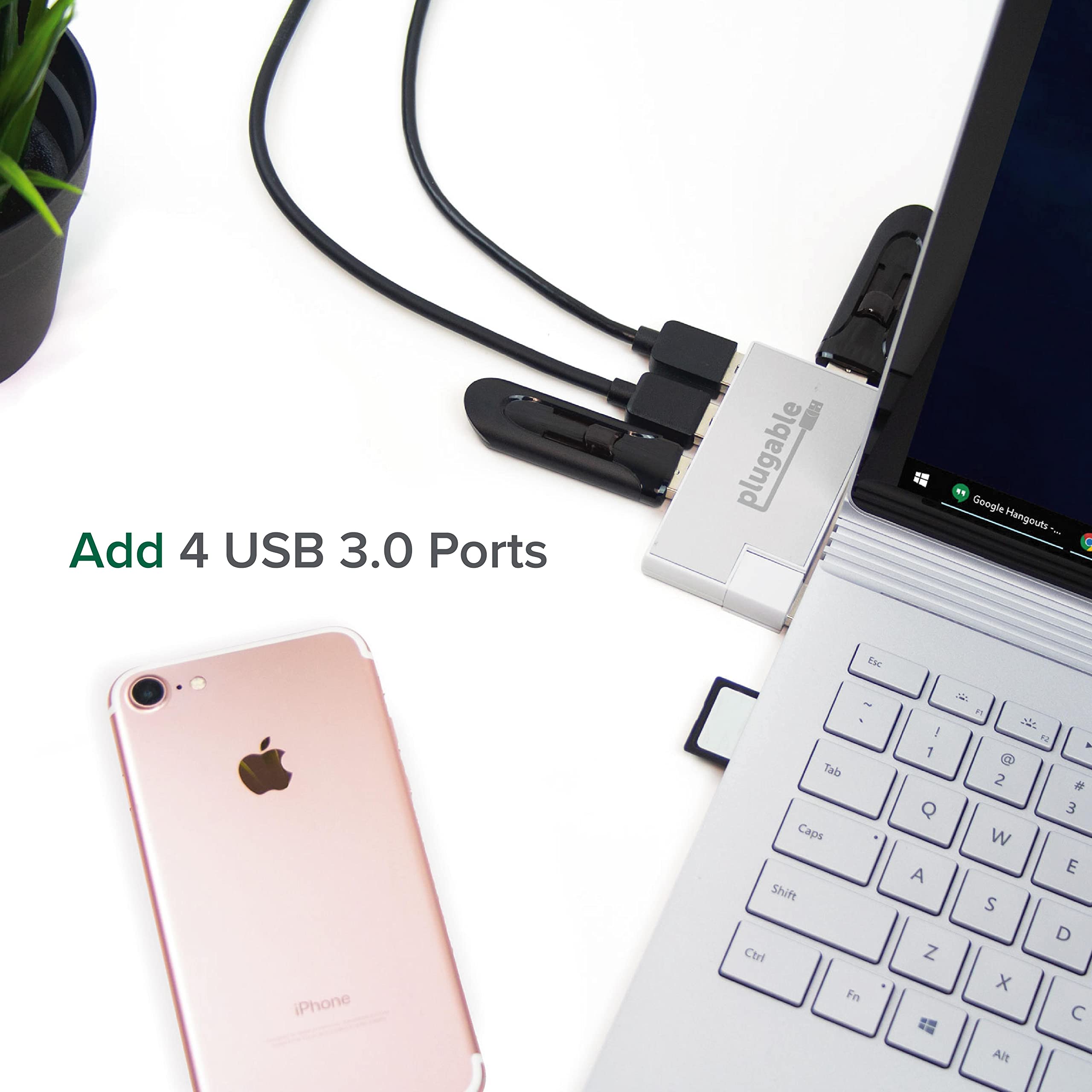 Plugable USB Hub, Rotating 4 Port USB 3.0 Hub, Driverless Powered USB Hub (Compatible with Windows, macOS & Linux, USB 2.0 Backwards Compatible)