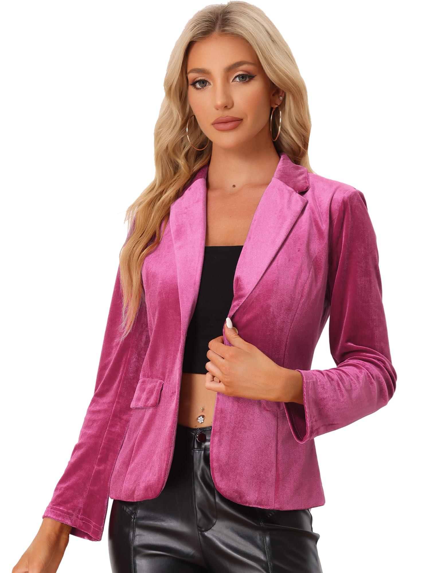 Allegra K Women's Notched Lapel Vintage Office Button Front Velvet Blazer Large Hot Pink