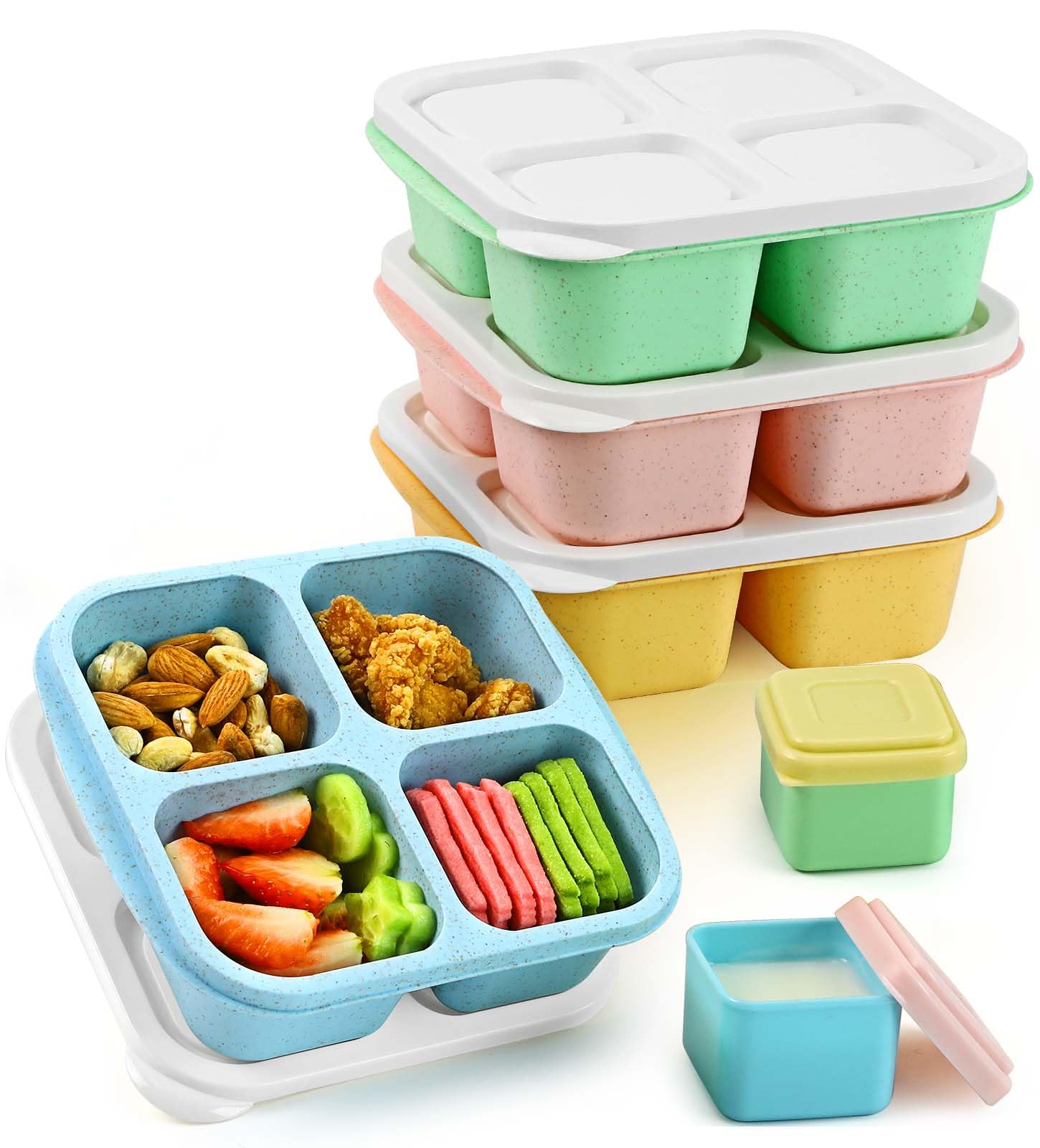 Caperci Lunchable Snack Containers - 4 Compartments Bento Snack Boxes (4 Pack) with 2 Leakproof Sauce Containers, Reusable Divided Food Containers for School, Work, Travel (Vintage Colors)