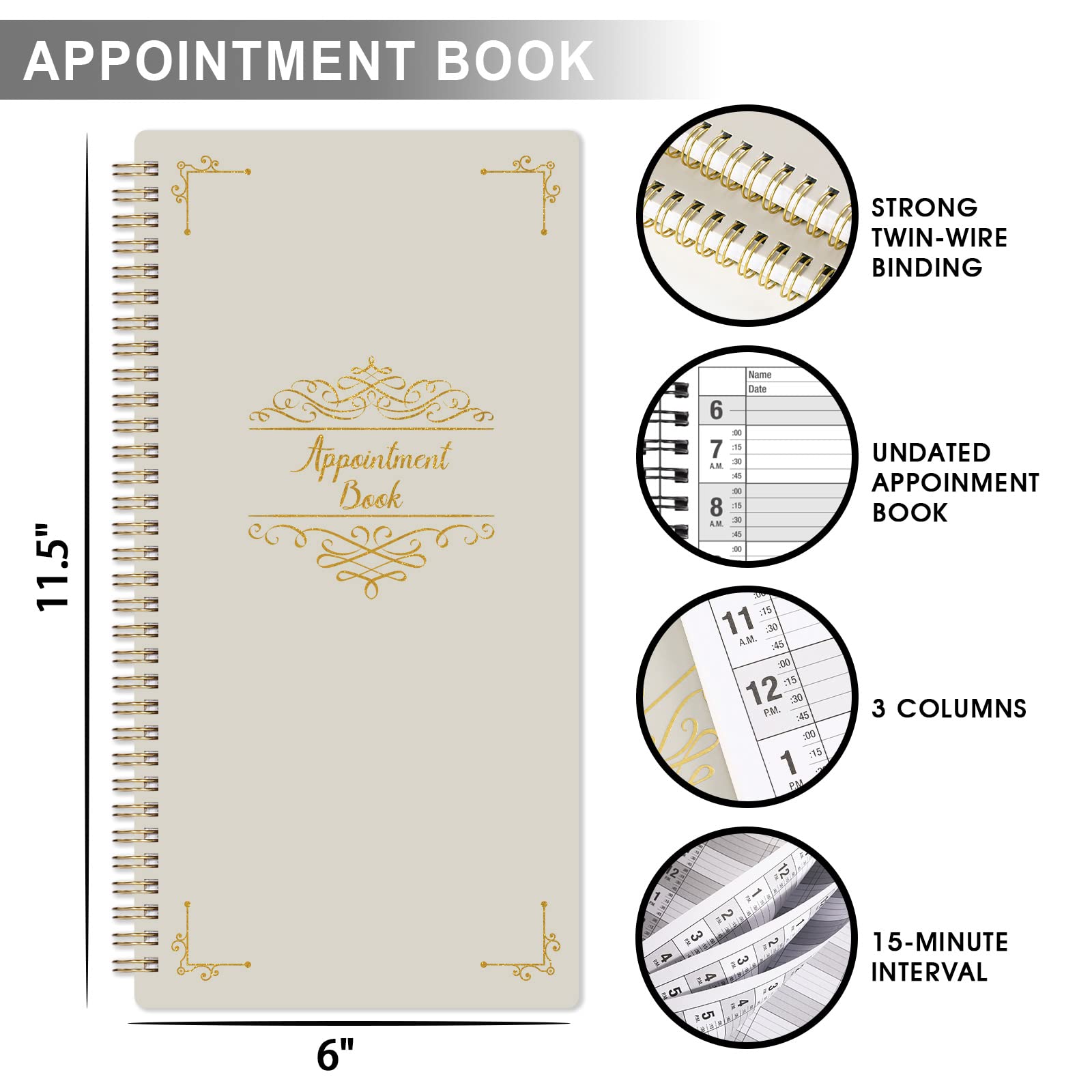 Appointment Book – Undated Salon Appointment Book, Daily&Hourly Schedule Book with 200 Pages, 6 AM - 9 PM, 15 Minute Intervals Day Planner, 6’’ x 11.5’’, 3 Column, Twin-Wire Binding, Hardcover