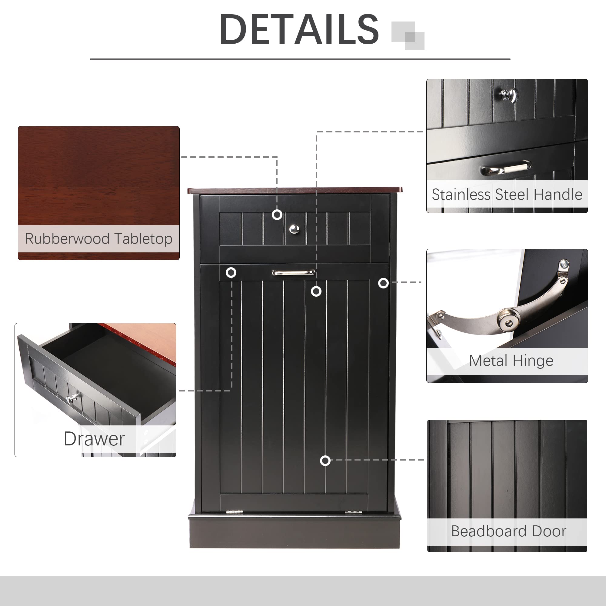 TOLEAD Tilt Out Trash Cabinet,Antique-Style Beadboard Kitchen Island with Solid Wood Tabletop & Drawer, Pet Proof Trash Can, Wood Laundry Cabinet (Single Black)