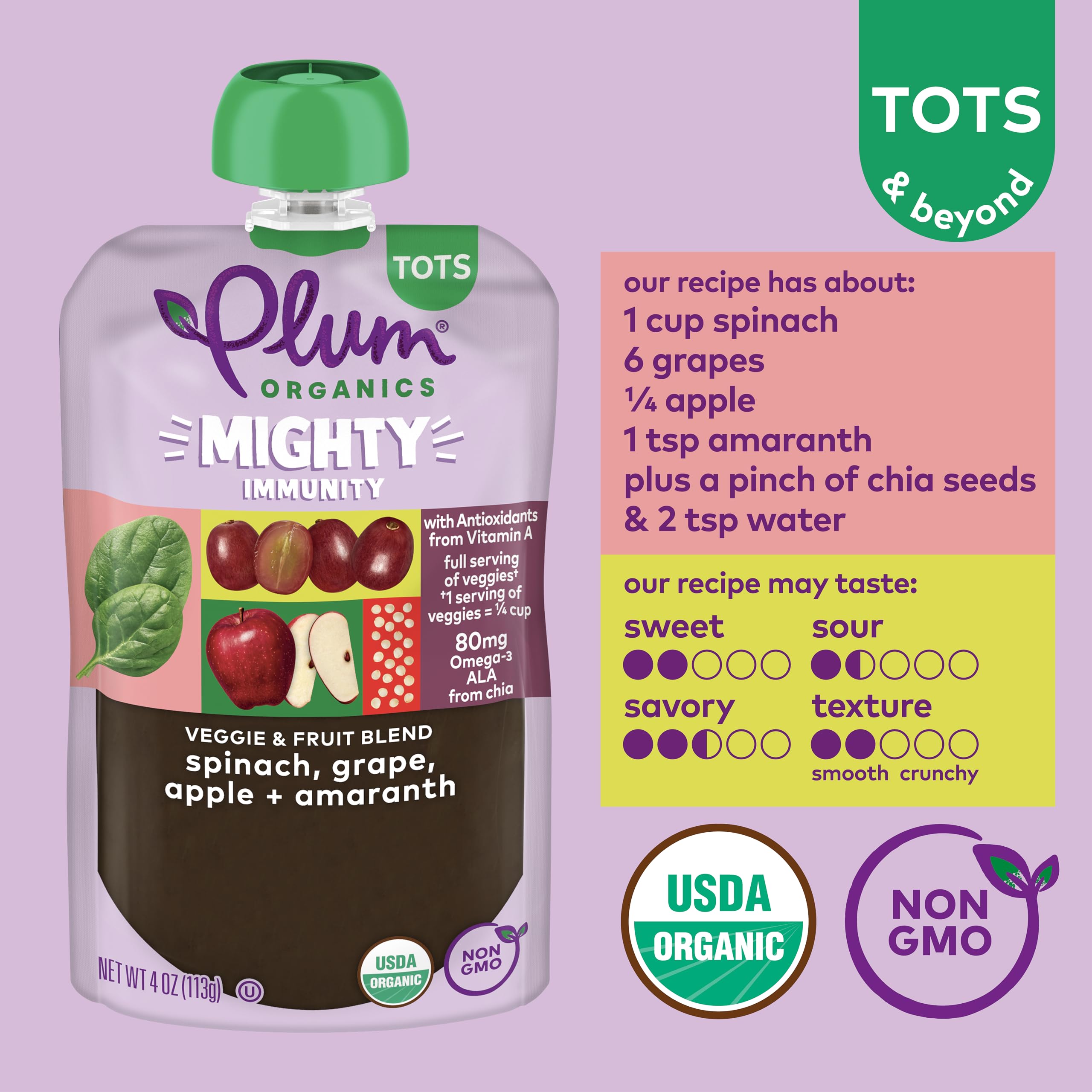 Plum Organics Mighty Veggie Blends Organic Baby Food Meals [12+ Months] Spinach, Grape, Apple & Amaranth 4 Ounce Pouch (Pack Of 12) Packaging May Vary