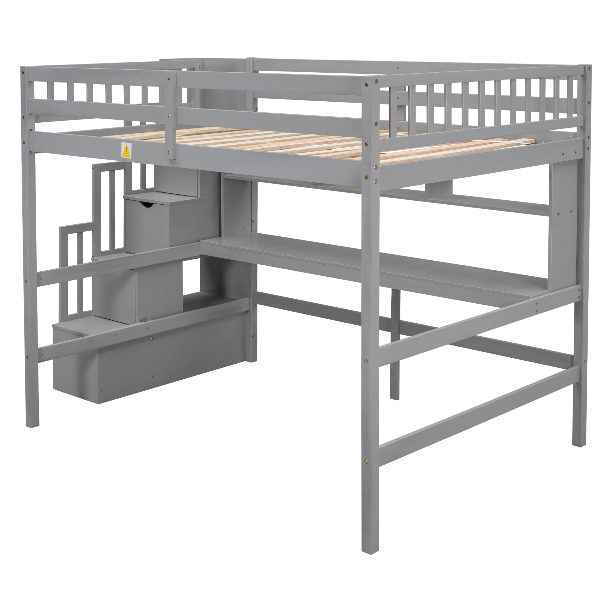 Bellemave Full Size Loft Bed with Desk and Storage Shelves,Wood Loft Bed Frame with Storage Staircase,High Loft Bed Full for Kids,Teens, Adults,Grey