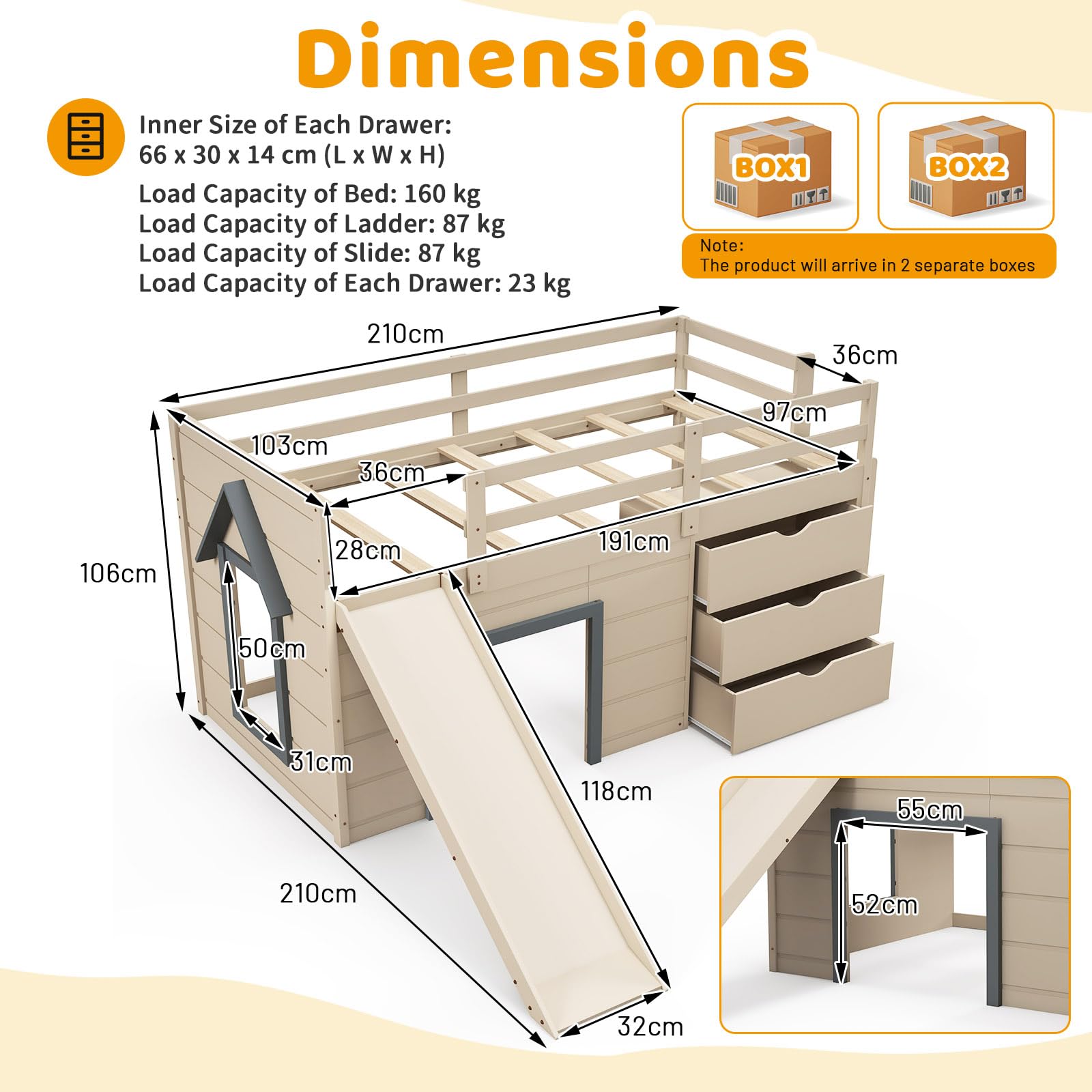 Costzon Twin Low Loft Bed, Multifunctional Loft Bed with Slide, Ladder, 3 Drawers & Under-Bed Play Space, No Box Spring Needed, Wooden Loft Platform Bed Frame with Guardrails for Teens (Beige)
