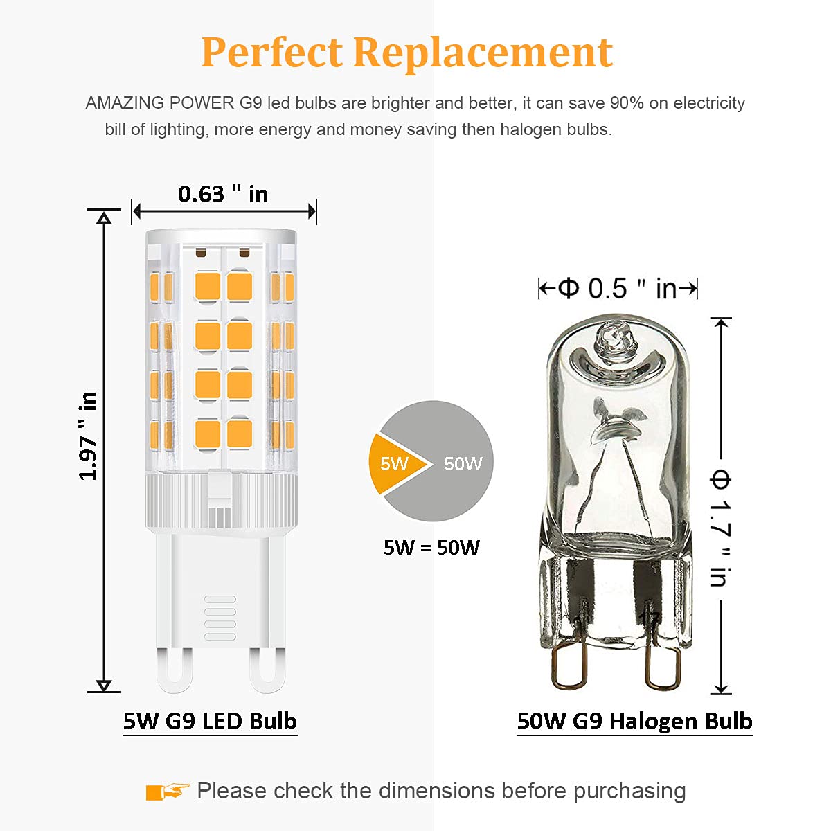 Amazing power G9 LED Bulbs, 5W LED G9 50W Equivalent Bi Pin G9 Halogen Bulbs for Chandelier Lighting Non-Dimmable Warm White 3000K 5-Pack
