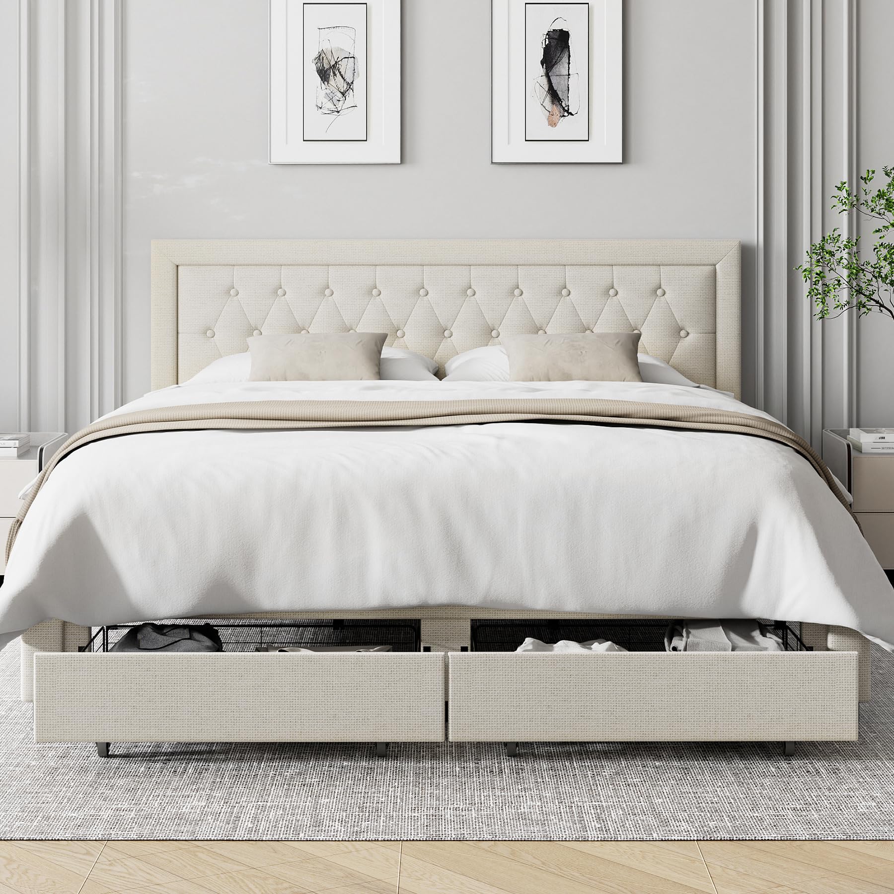 Keyluv Full Bed Frame with 2 Storage Drawers and Adjustable Headboard, High-End Fabric Platform Bed with Button Tufted, Wooden Slats No Box Spring Needed/Easy Assembly, Beige