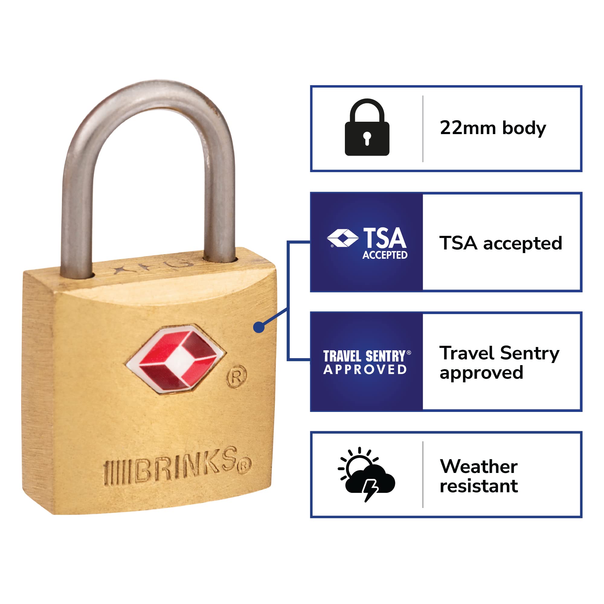 BRINKS - 22mm TSA Approved Solid Brass Keyed Travel Padlock, 2-Pack - Chrome Plated with Hardened Steel Shackle, TSA Approved Lock for Travel and Inspection