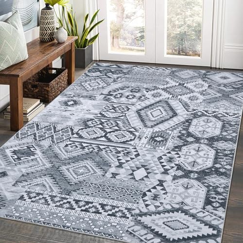 CAREMEE Machine Washable Area Rug 3x5 Tribal Entryway Mat Vintage Distressed Rug Indoor Low Pile Thin Rug Cozy Non Slip Foldable Area Rug for Living Room Bedroom Dining Room Grey