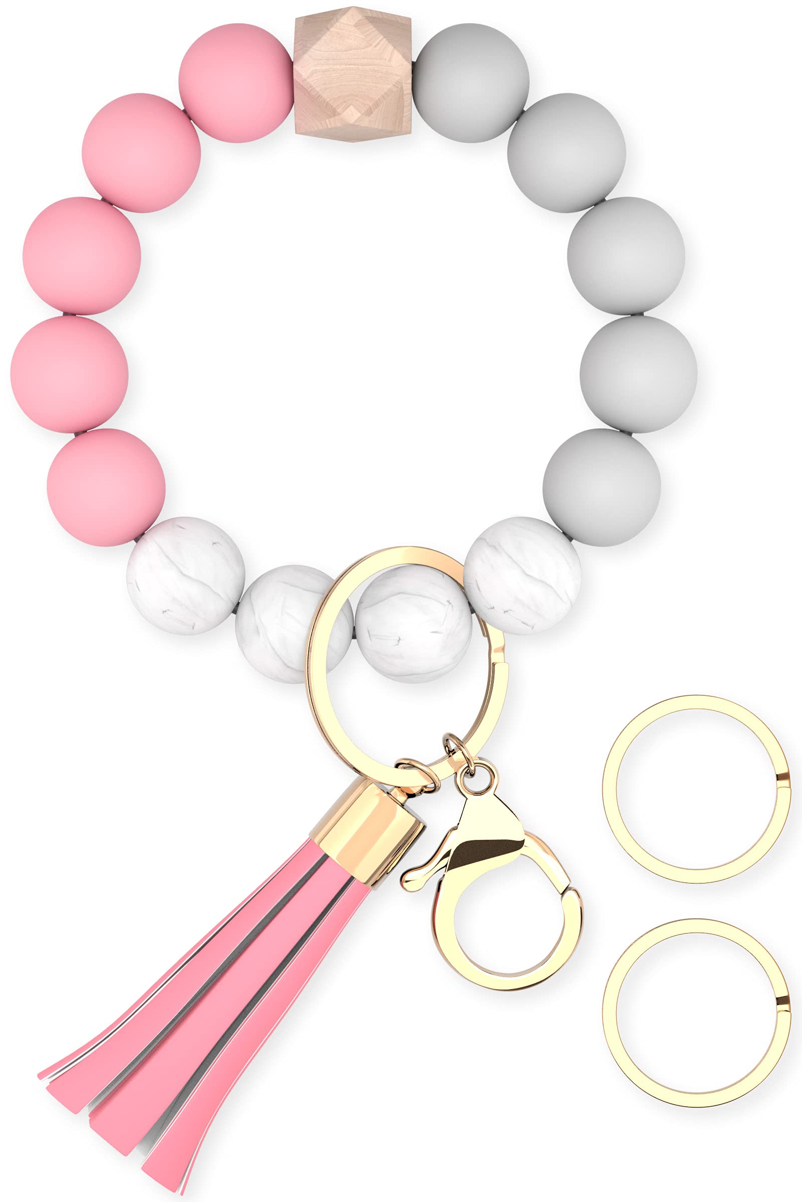 ATLTEROZ Beaded Bracelet Keychain, Silicone Bangle Keyring Wristlet Keychain Bracelet with Tassel for Women (pink)
