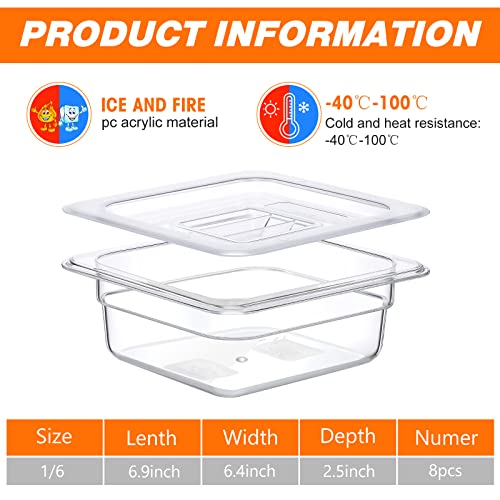 Clear 1/6 Size, Food Pan Polycarbonate Square Food Storage Containers with Lids for Kitchen Restaurant Food Prep (8 Pcs, 2.6 Inch, 1 Quart)