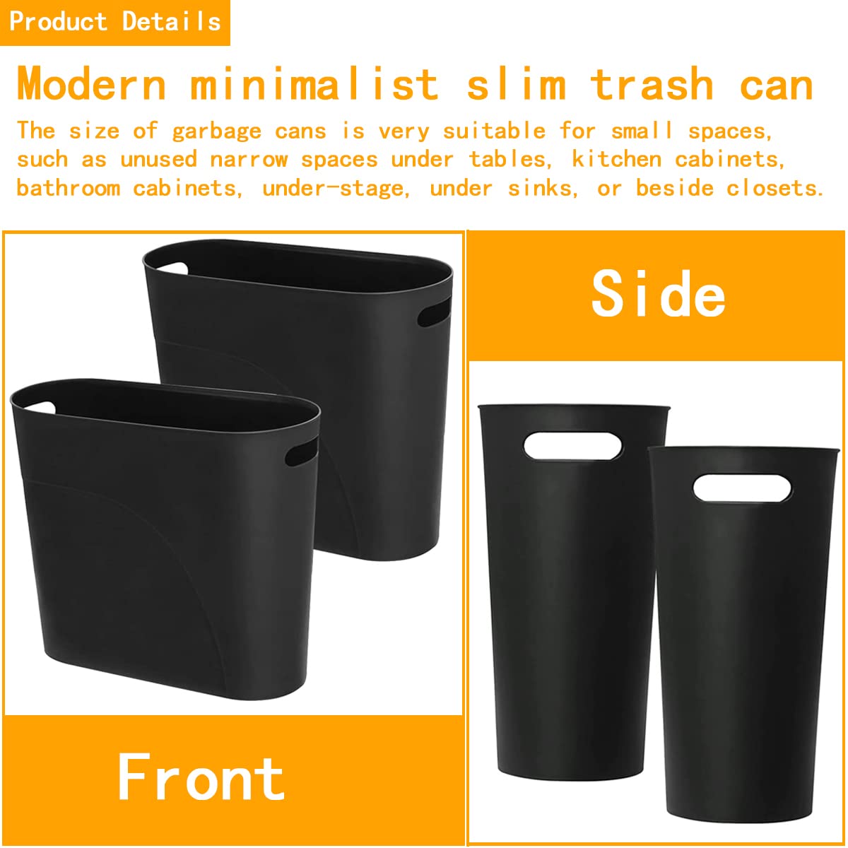 LOSYHU 3.2 Gallon Slim Waste Basket, Black, 2 Pack, Plastic Small Trash Can with Handles, 12L Capacity