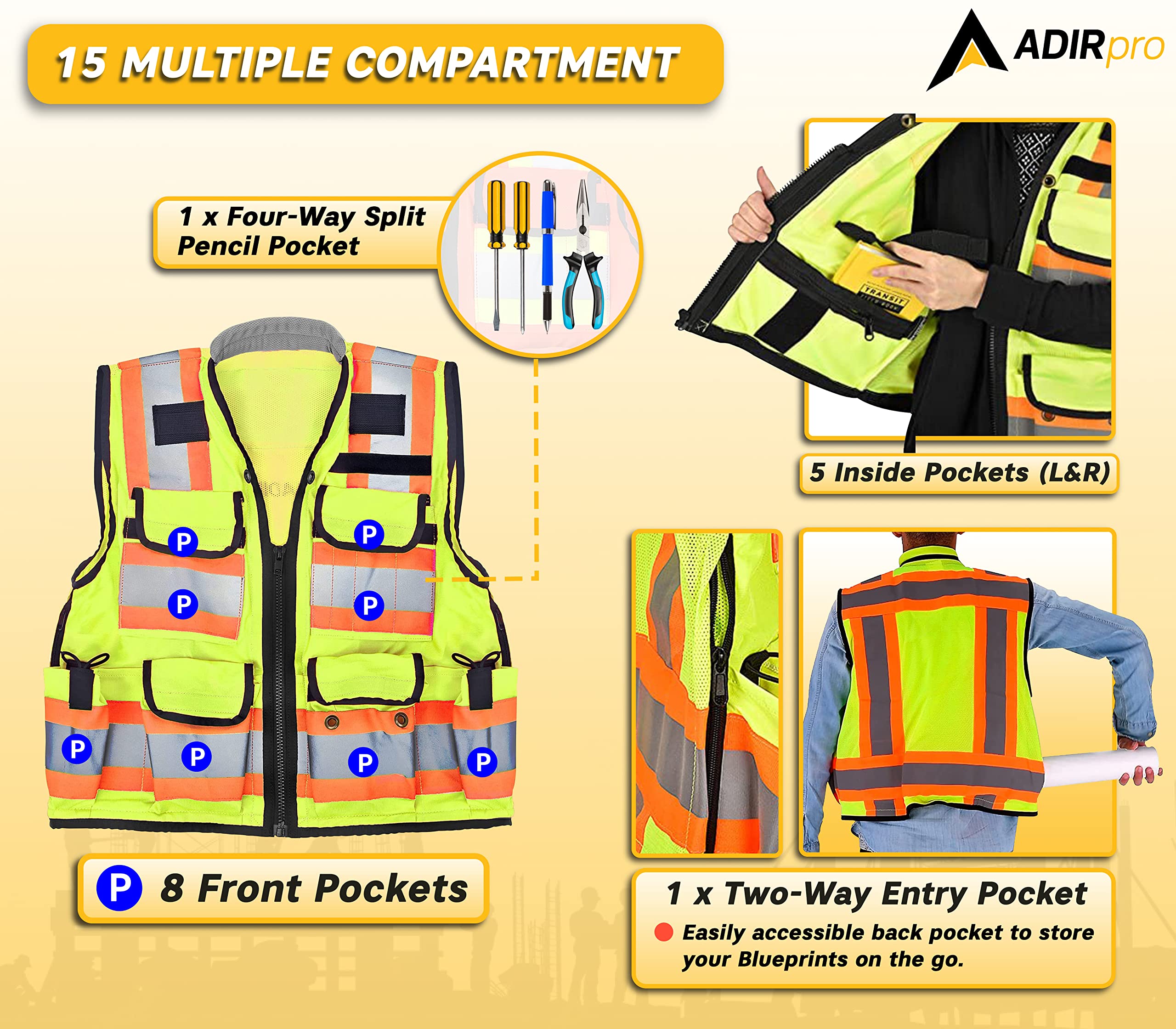 AdirPro Safety Vest - High Visibility Reflective with Zipper and Utility Pockets for Surveyors Engineers Class 2 Construction Workers, Fluorescent Yellow, 10