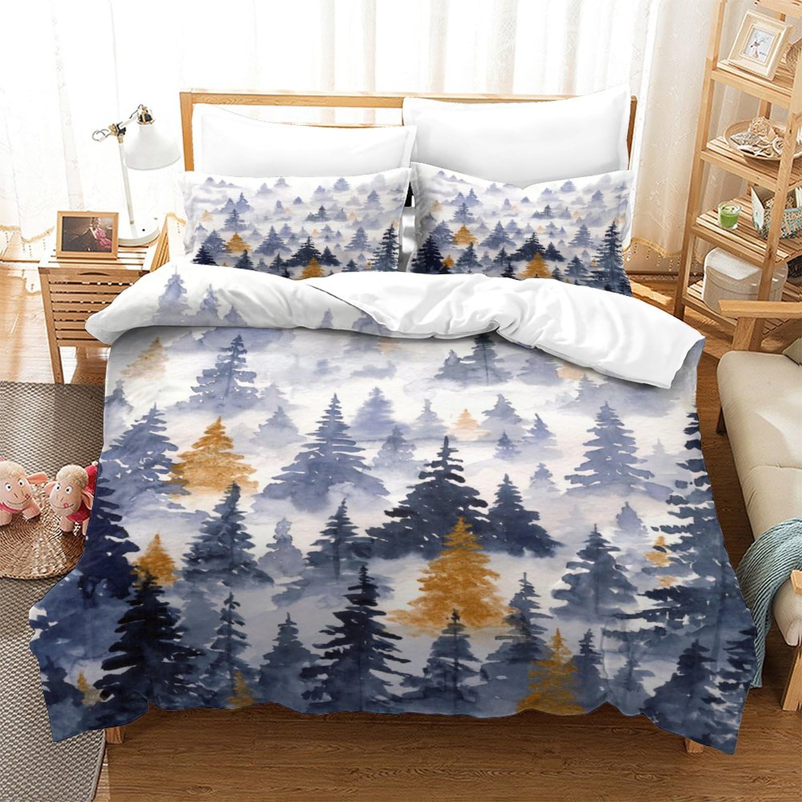 Llylumty Forest Duvet Cover Set,Watercolor Fog Coniferous Autumn Forest Nature Landscape Scandinavian Woodland Pattern,Decoration 3 Piece Bedding Set with 2 Pillowcover,King Size