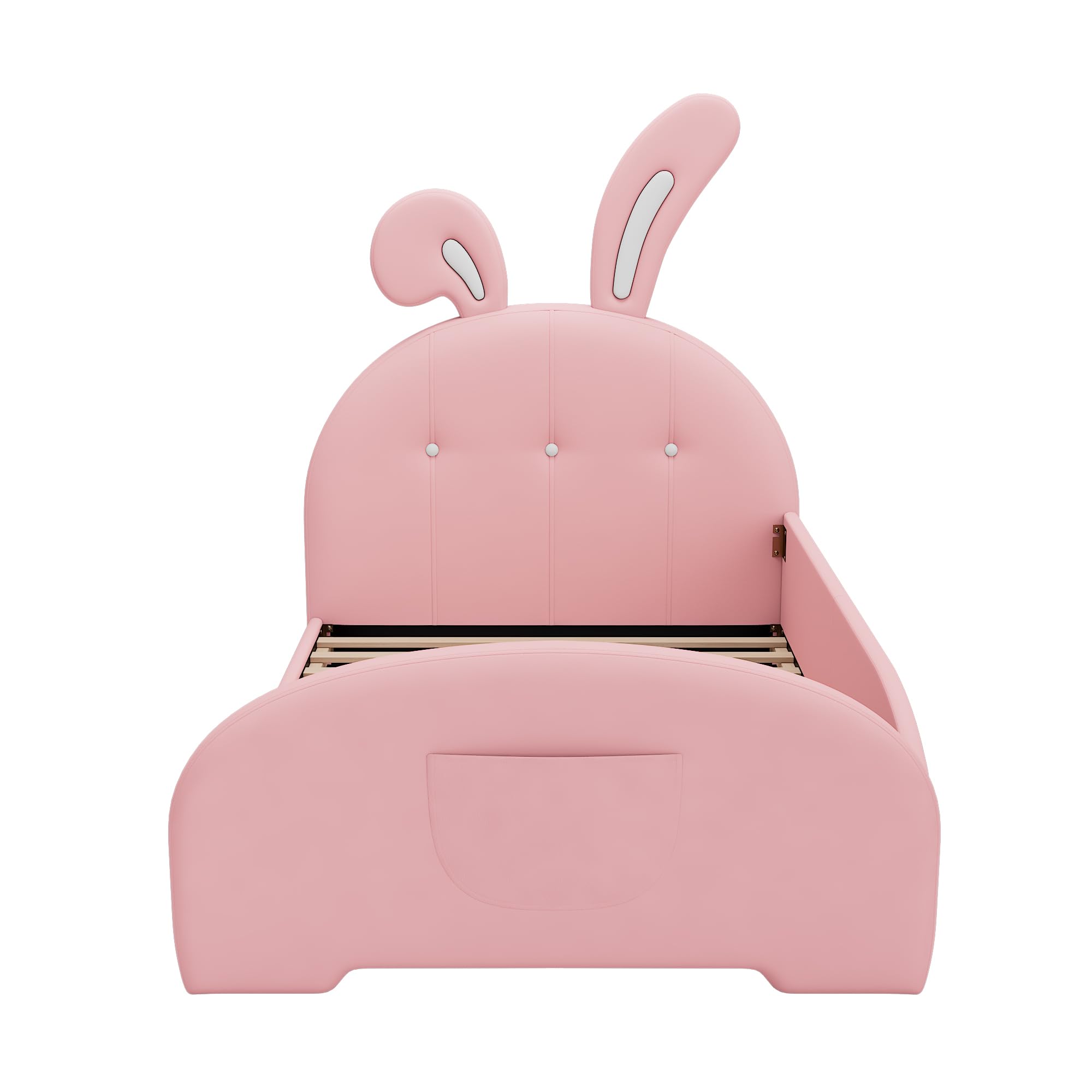 Bellemave Twin Size Upholstered Platform Bed with Bunny-Shaped Headboard, Pink Princess Bed for Girls, Low Daybed Frame with Side Rail for Kids Teens, Faux Leather