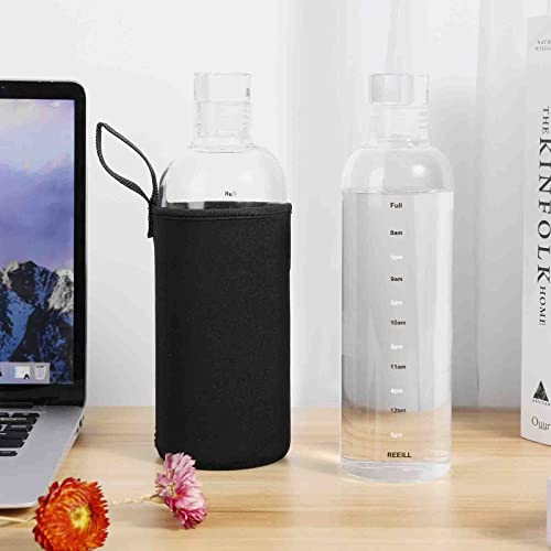 Clear Glass Water Bottles With Time Marker Non-slip Sleeve And Lids, Reusable Glass Drinking Bottles, Drink Water Bottle 26 Oz,Suitable For Drinks, Juices, Sodas, Coke, As Gifts Etc.(750ml)