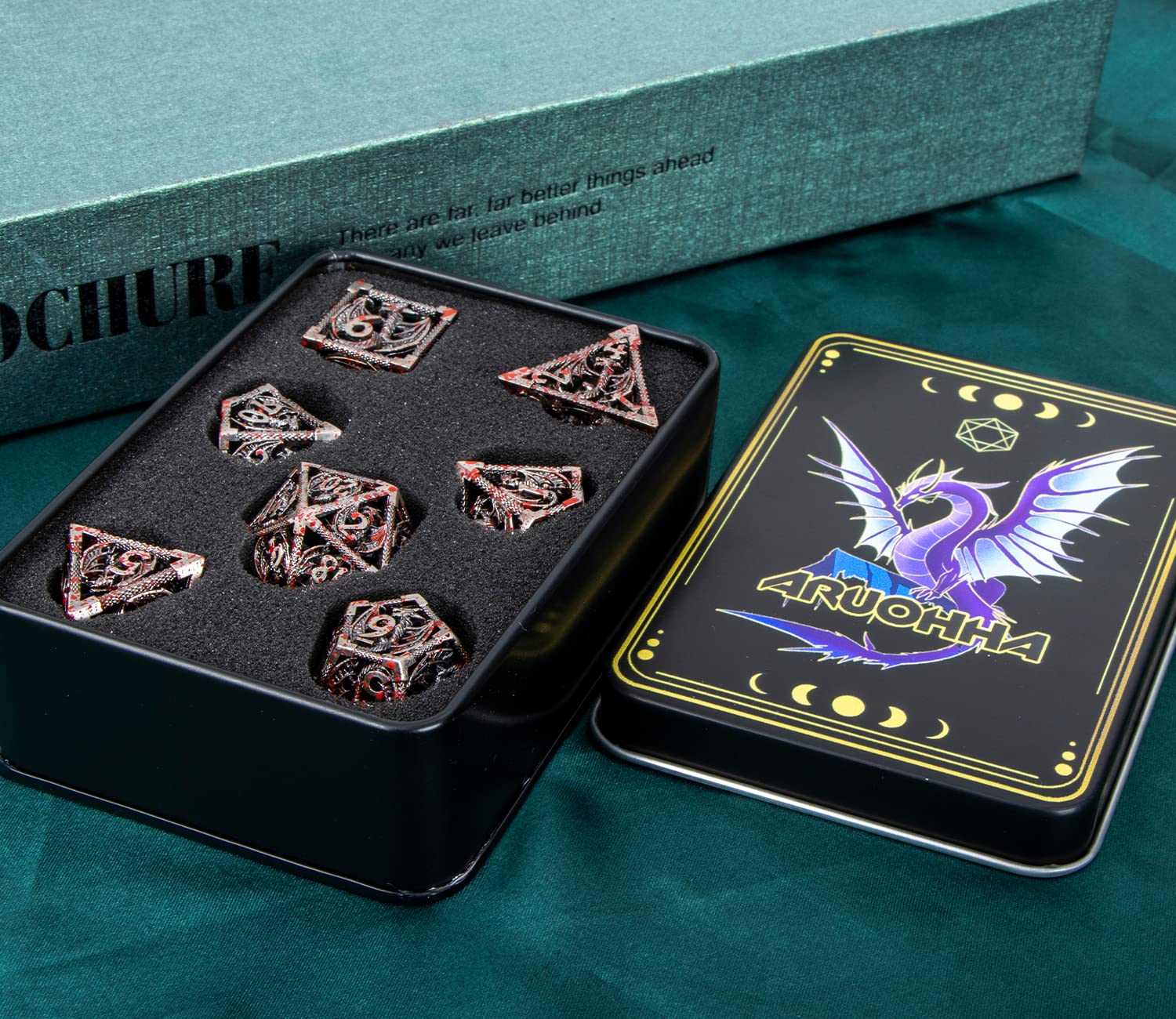 ARUOHHA Hollow DND Metal Dice Set Blood D and D Role Playing Games Dice with Gift Box, Dungeons and Dragons D+D Dice 6 Sided Large Polyhedral Dice RPG D&D Dice Set D20 D12 D10 D8 D6 D4