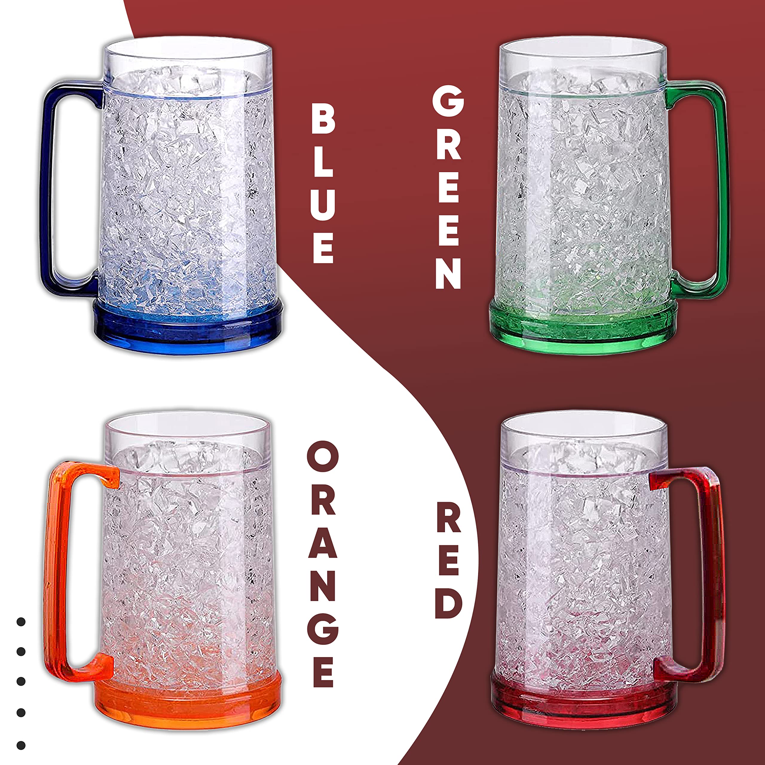Beer Mugs with Gel Freezer 16 oz, Double Walled Beer Mugs with Handles, Color Handles Set Of 4