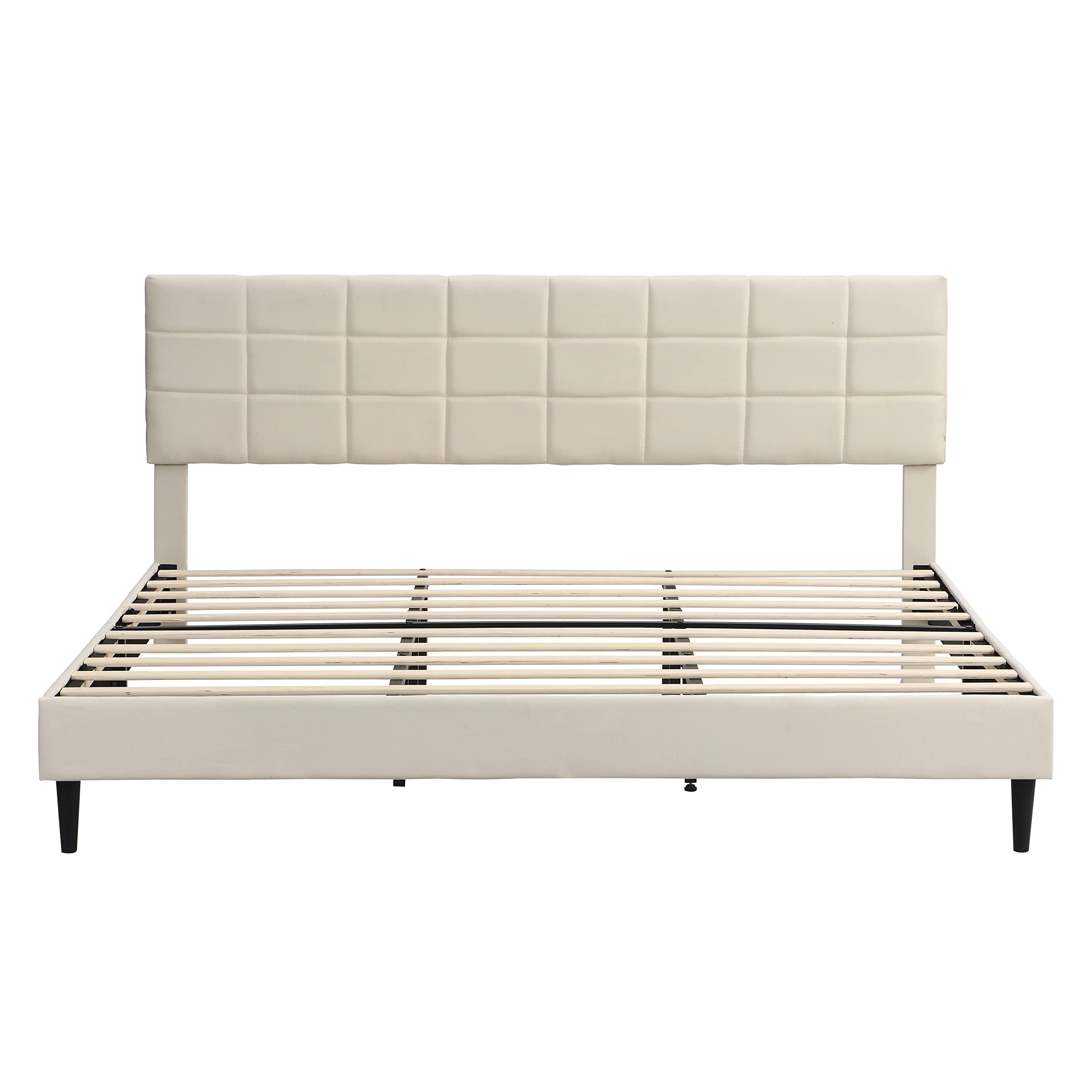 Jintop King Size Platform Bed Frame with Fabric Upholstered Headboard and Wooden Slats,No Box Spring Needed,Easy Assembly, Bedroom Furniture for Teens & Adults,Dark Beige