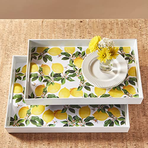 American Atelier Set of 2 Lemons and Blossoms Rectangular Serving Tray with Handles- Indoor & Outdoor Platter for Home Entertaining, Cocktail Hour, Snacks, Barware, Perfume (Large 19x14, Small 18x12)