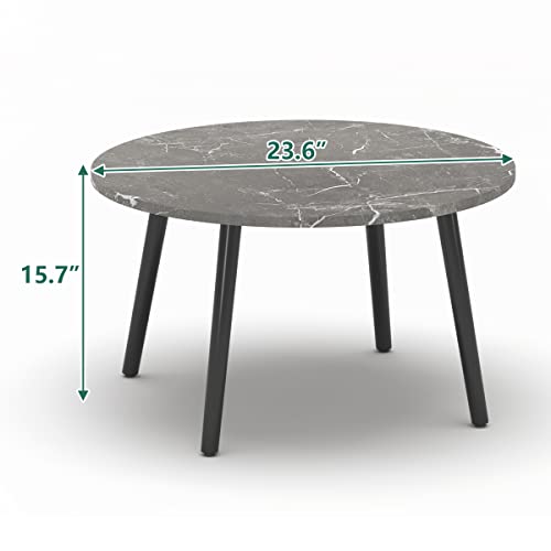 WiberWi Round Coffee Table 23.6β Small Coffee Tables for Living Room Faux Grey Marble Top Modern Circle Table Sturdy Black Solid Wood Legs Cocktail Table End Table