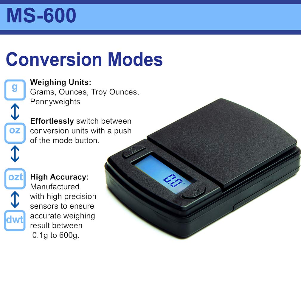 American Weigh Scales Fast Weigh MS Series Precision Digital Pocket Weight Scale, Flexible Measurements 600G x 0.1G (MS-600-BLK)
