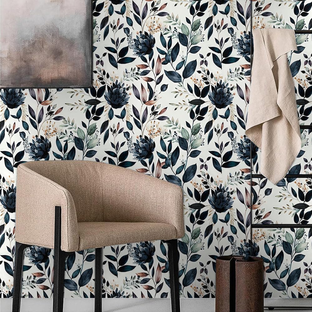 MuralPeel Dark Blue/Yellow Leaf Floral Peel and Stick Wallpaper Vintage Easy Peel Off Self Adhesive Removable Stick on Wall Paper for Kitchen Cabinet Renter Friendly