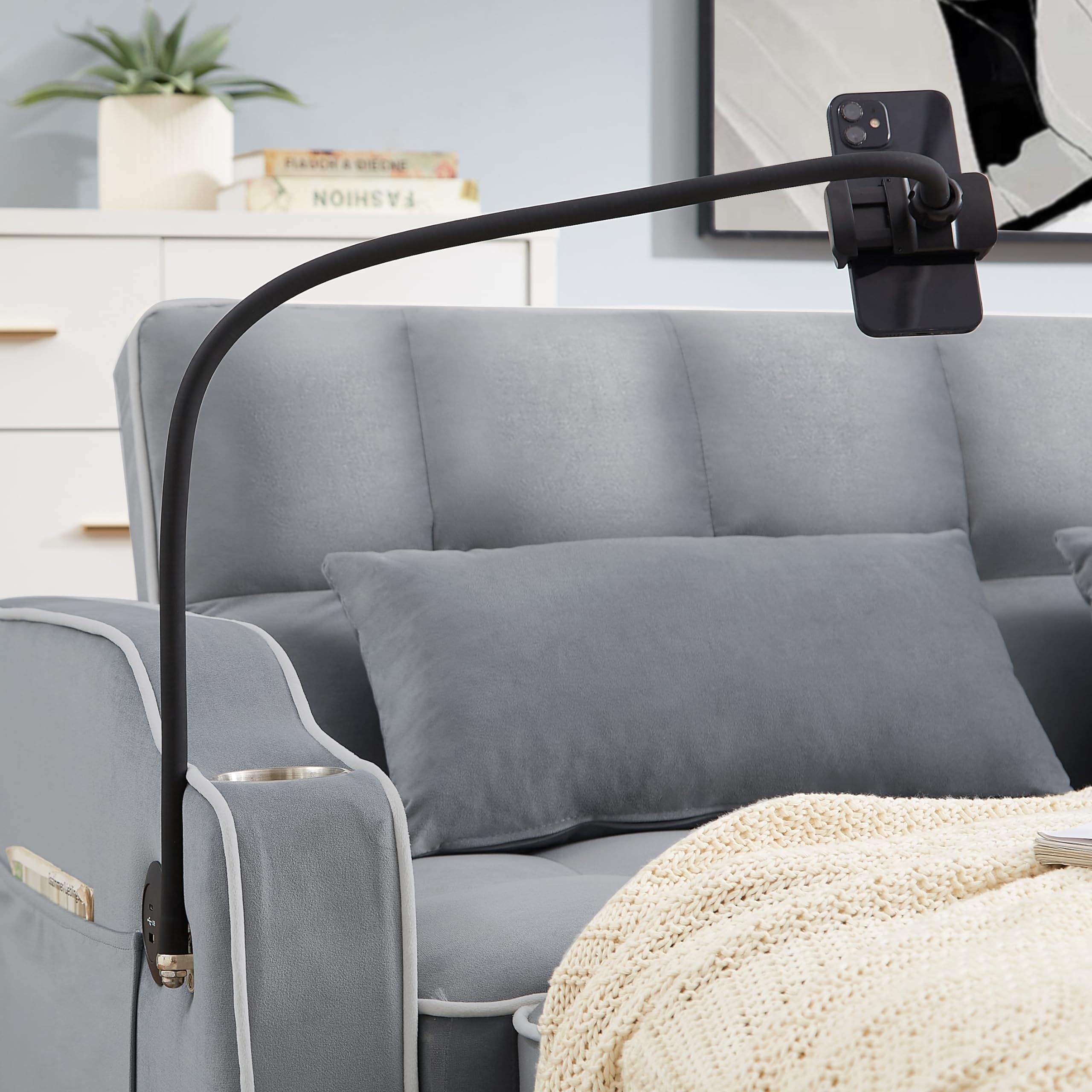 Bellemave Foldable Sofa Bed with USB Charging Ports, Pull Out Velvet Loveseat Sleeper with Swivel Phone Holder, Modern Futon Couch with Cup Holders and Adjustable Backrest, for Living Room, Gray