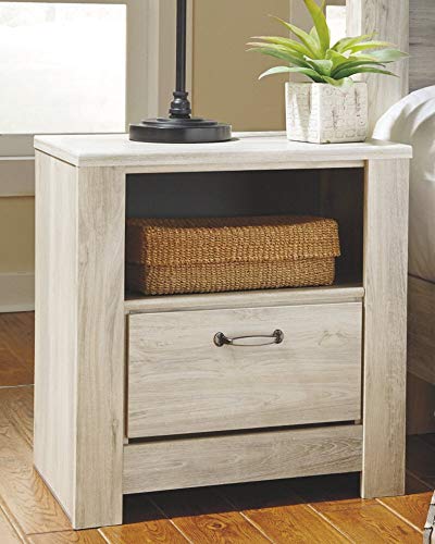 Signature Design by Ashley Bellaby Farmhouse 1 Drawer Nightstand with 1 Storage Cubby & Slim-Profile USB Charging Station, Whitewash, 15.91 in x 23.78 in x 24.61 in