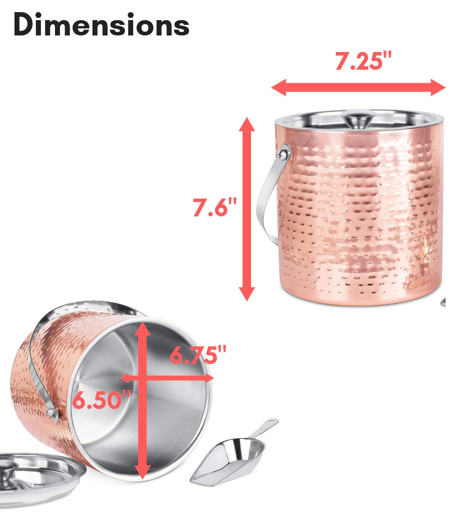 BirdRock Home Ice Bucket with Scoop & Lid - 2.8 Liter Hammered 18/8 Stainless Steel Container for Bar - Double Wall Insulated Bucket with Carrying Handle - Great for Parties - (Copper)