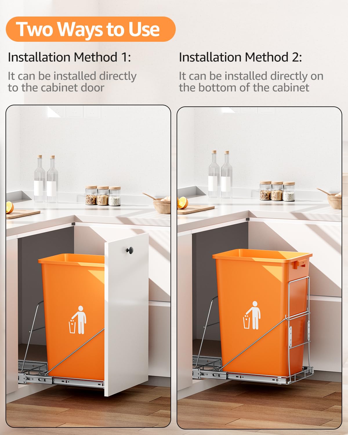 RUNMI Pull Out Trash Can Under Cabinet, Under Sink Trash Can Rack with Door Mounting Kit, Cabinet Trash Can Pull Out Kit Holds 7-10 Gallon Trash Can, for Kitchen Cabinet, Trash Can Not Included