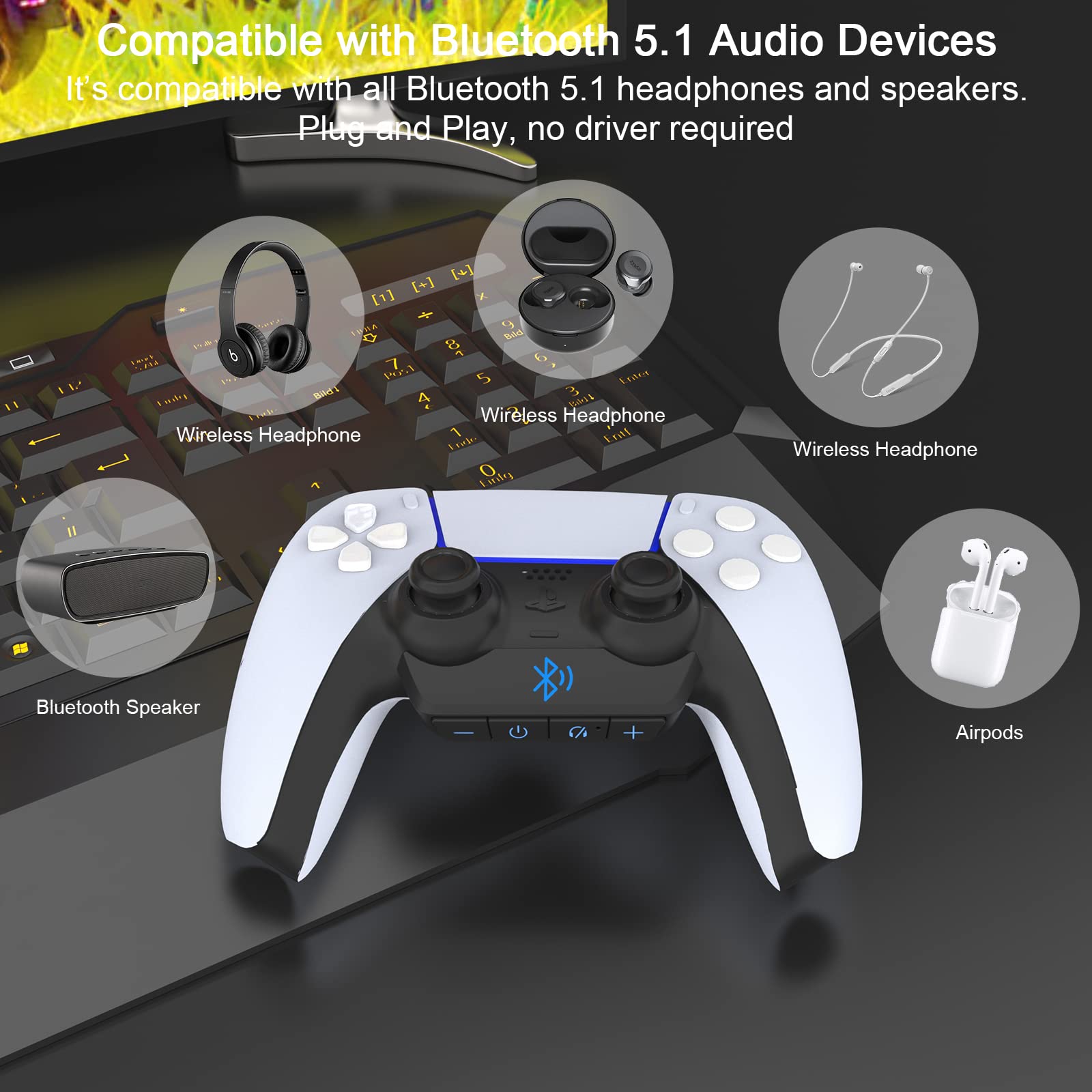 arVin Bluetooth Adapter for PS5 Controller, BT 5.1 Low Latency Wireless Audio Transmitter, One Key Mute, Volume Adjustment, No Driver Needed Game Accessories for PS5 AirPods Sony Bose Earbuds Speakers