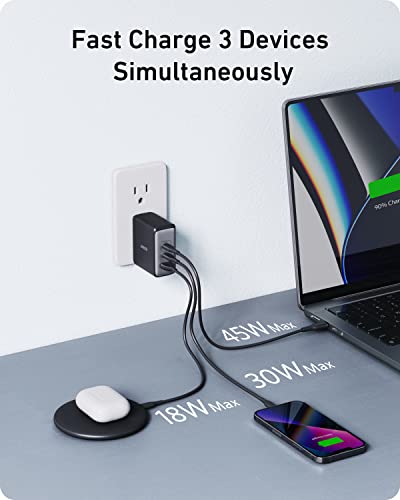 Anker 100W USB C Charger Block(GaN II), 3 Port Fast Compact Wall Charger for MacBook Pro, MacBook Air, Google Pixelbook, ThinkPad, Dell XPS, iPad Pro, Galaxy S22/S20, iPhone 15/14/Pro, and More