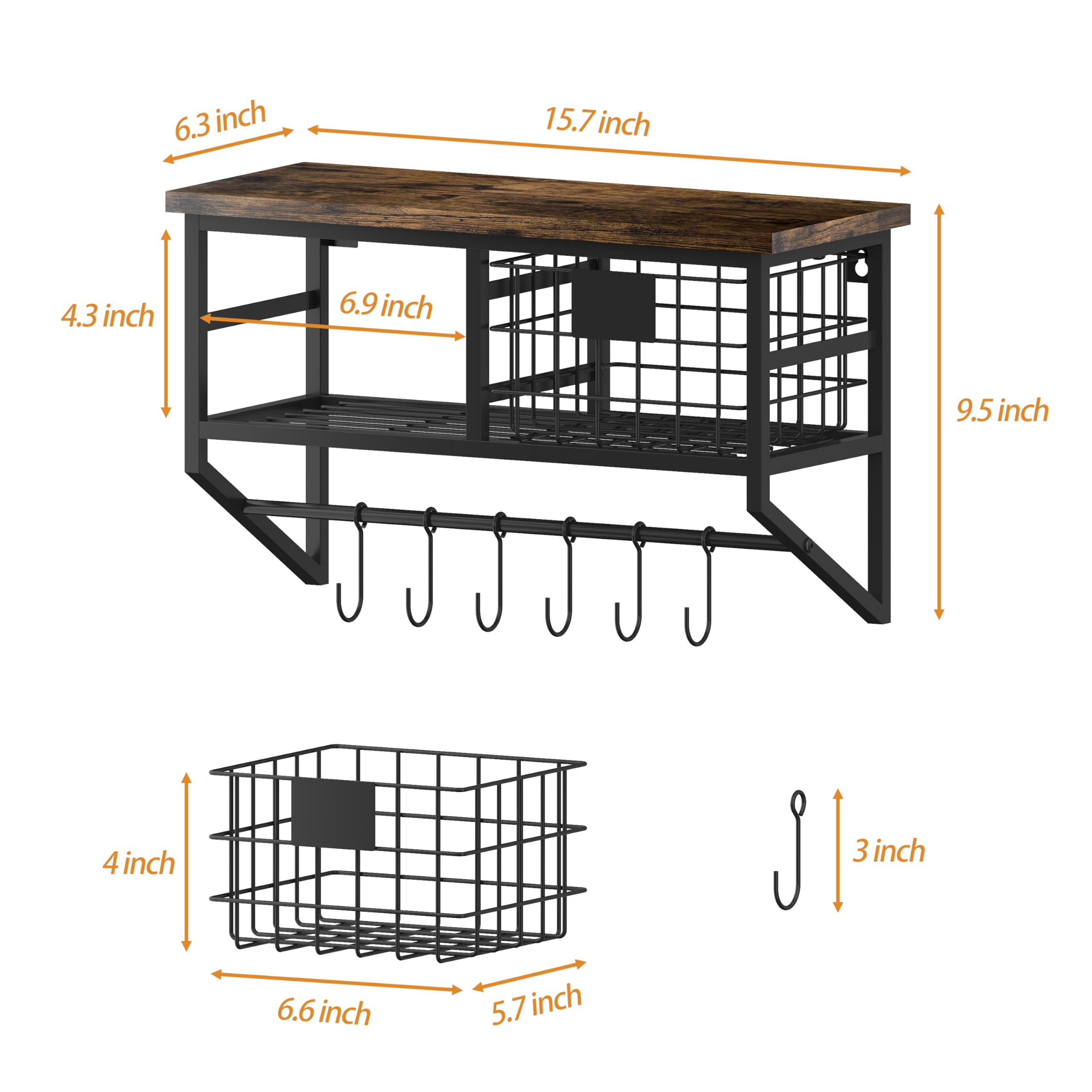 Helsin Industrial Wall Mounted Metal Wood Floating Shelves with Baskets Hooks Hanging Display Shelf Sundries Holder for Coffee Bar Kitchen Bathroom Organization and Home Decor, Black (16inch, 1 Set)