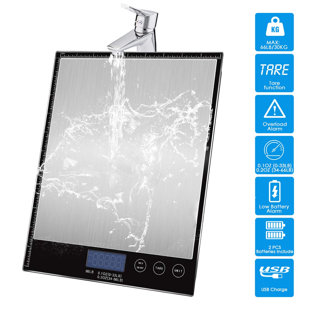 Amiloe Digital Postal Scale, 66lbs/0.1oz Shipping Scale, Letter Scale, Large Scale with Stainless Steel, 2 AAA Batteries Include