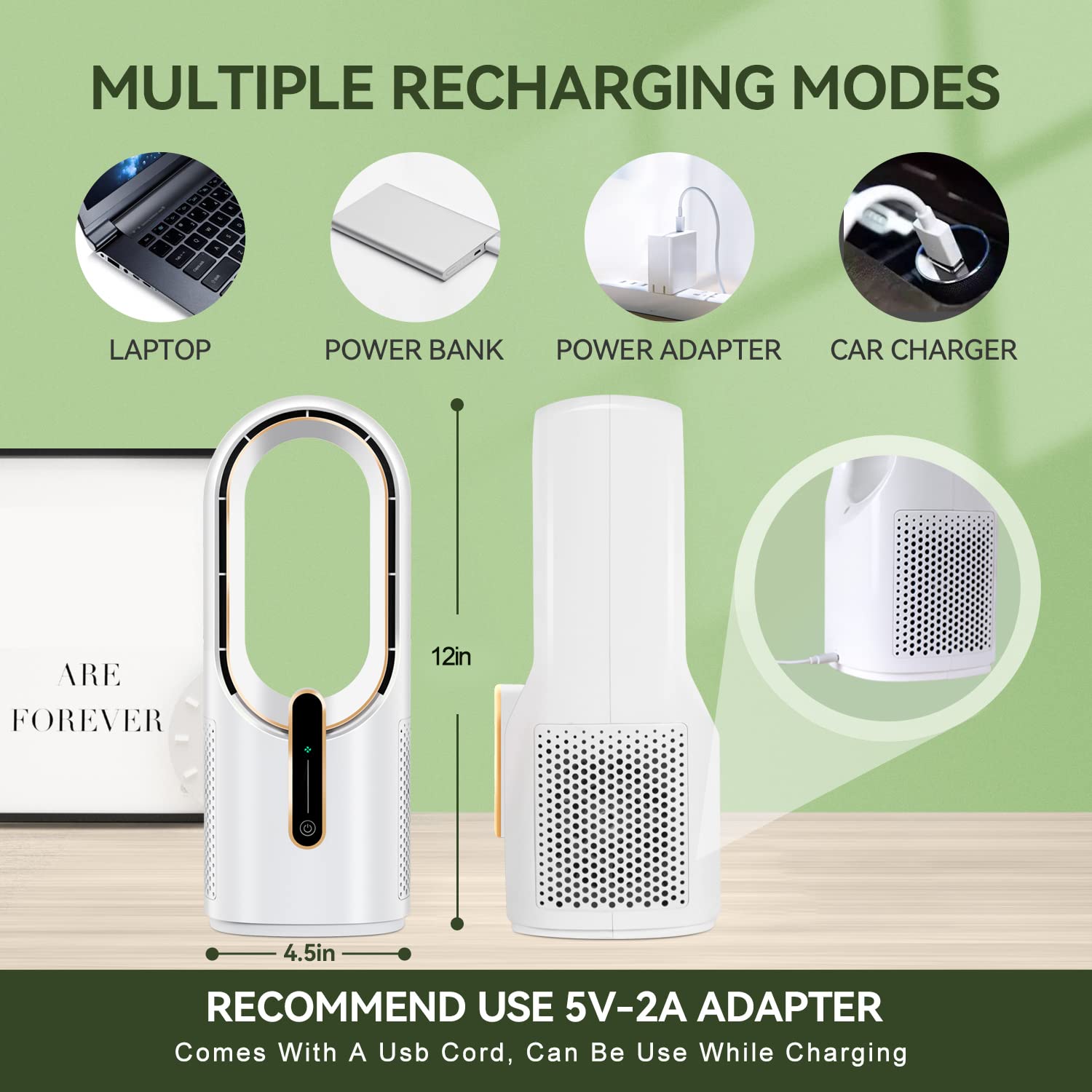 let'me Desk Fan, 12in Quiet Bladeless Fan Rechargeable Desktop Fan, Small Fan For Desk Cooling With 3 Speeds, Touch Control, Usb Cord, Personal Fan For Bedroom, Office, Home