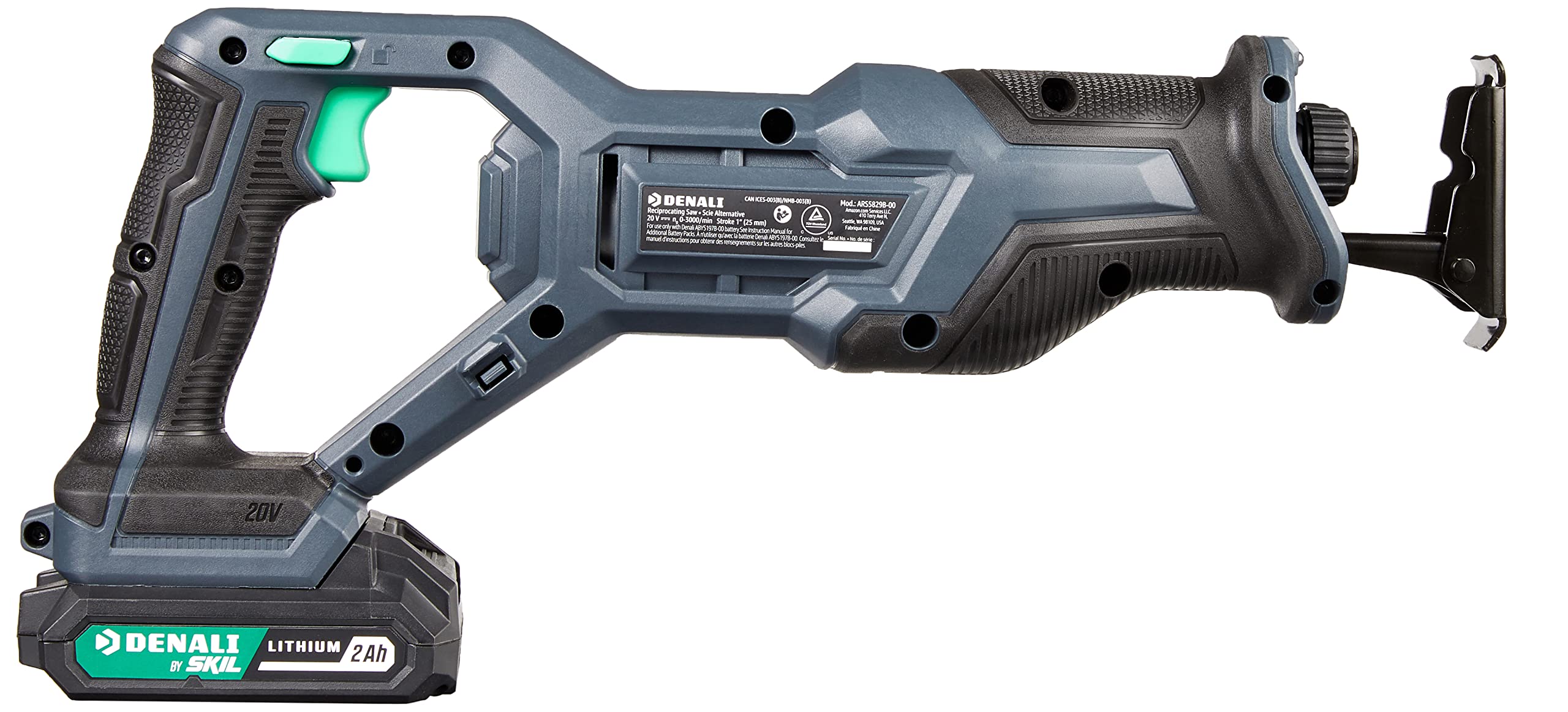 Amazon Brand - Denali by SKIL 20V Cordless Reciprocating Saw Kit with 2.0Ah Lithium Battery and 2.4A Charger, Blue