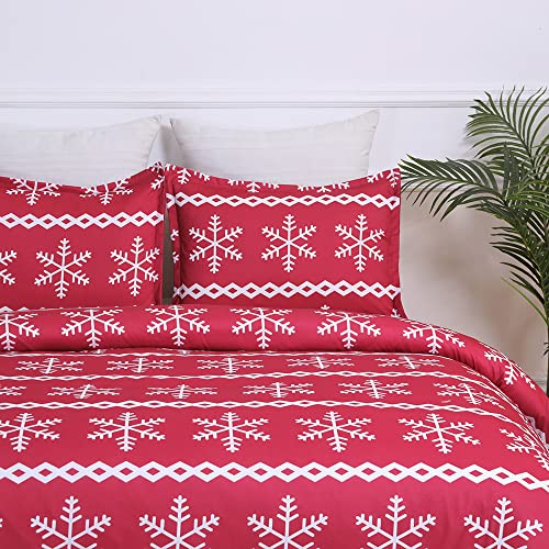 Dykoos Christmas Soft Brushed Microfiber Duvet Cover Set, Holiday Themed Snowflakes, Red and White, Queen Size with Zipper Closure, 1 Duvet Cover and 2 Pillow Shams