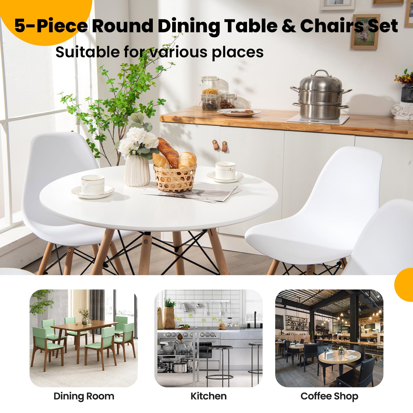 LDAILY Moccha Dining Table Set for 4, 5-Piece Kitchen Table Set with Round Dining Table & 4 Chairs, Breakfast Set with Solid Wood Legs, Modern Space-Saving Dinette Set for Dining Room, Kitchen, White