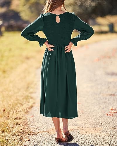 dowerme Women Casual Petal Long Sleeve Crewneck Smocked A-Line Flowy Solid Maxi Dress Fall Winter Party Cocktail Dresses(Solid Dark Green,Small)