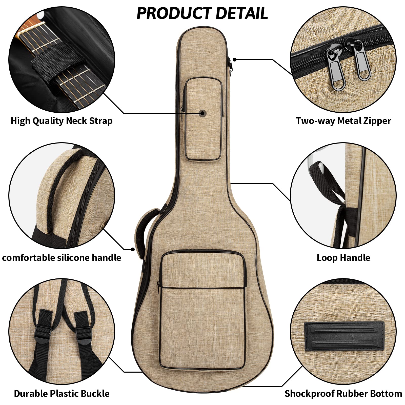 LETSROCK Acoustic Guitar Bag with 0.5 Inch Thick Padding Fit 39 40 41 Inch Acoustic Classical Guitars Waterproof Guitar Gig Bag Guitar Case Khaki