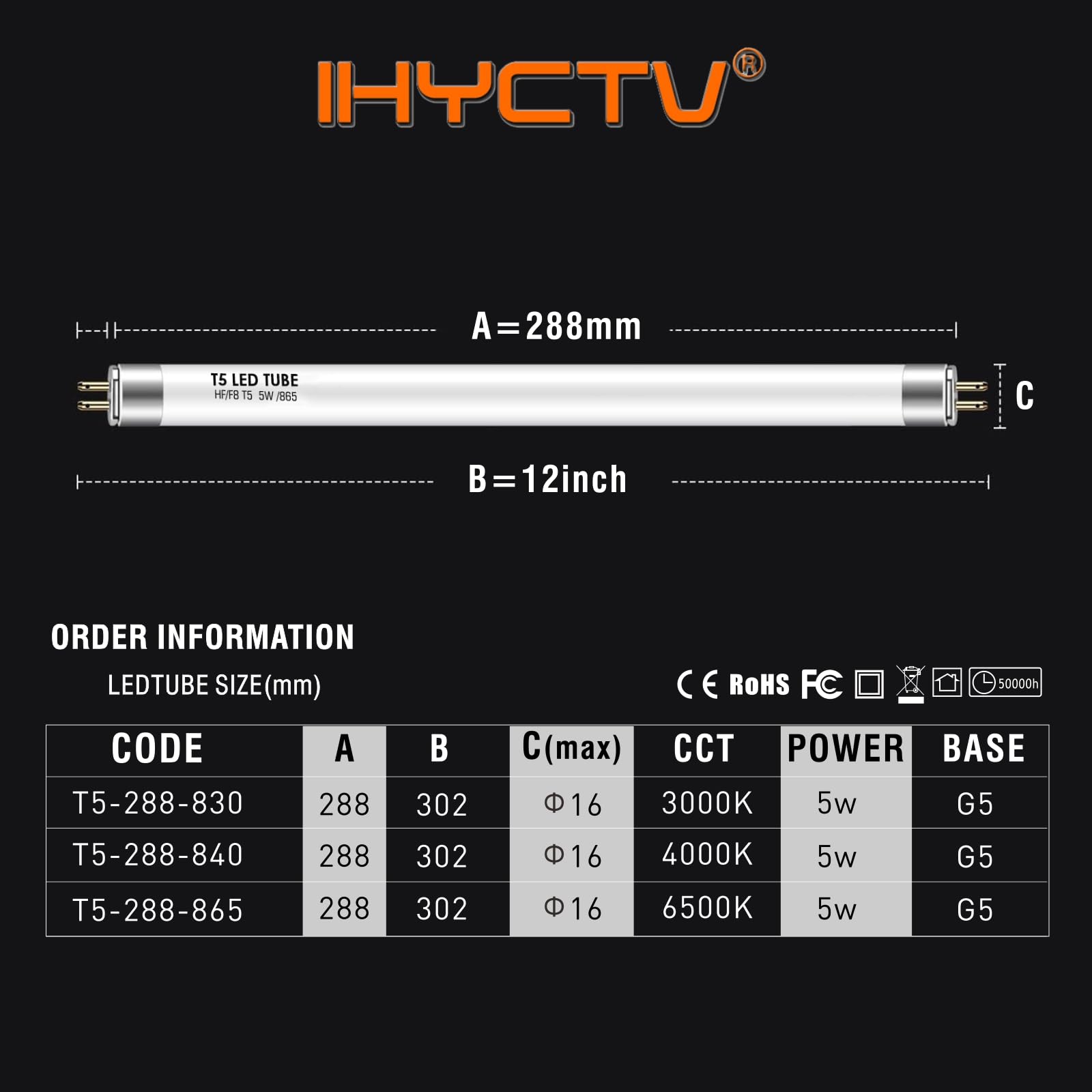IHYCTV T5 LED 12", G5 5W 685lm 6500K F8T5/DL LED Replacement for Retrofitting 8W Under Cabinet Lighting, Daylight White, Pack of 4