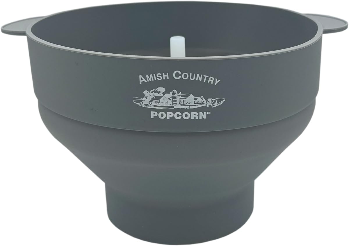 Amish Country Popcorn | Collapsible Silicone Microwave Popper with Customized ACP Logo | BPA and PVC Free Popcorn Bowl with Handles | Dishwasher Safe | Includes 2-2 oz Bags of Kernels (Grey)